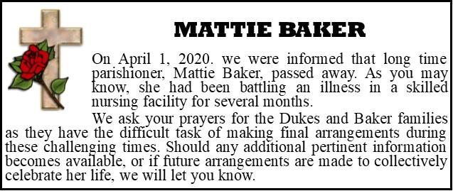 Funeral Announcement-Mattie Baker – ALL SAINTS AND ASCENSION